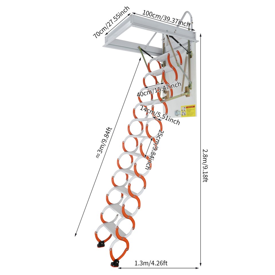 11 Steps Attic Ladder Pull Down Attic Stairs Wall-Mounted Folding ...