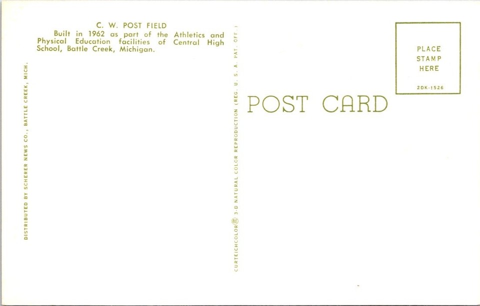 C.W. Post Field, Central High School, BATTLE CREEK, Michigan Postcard ...