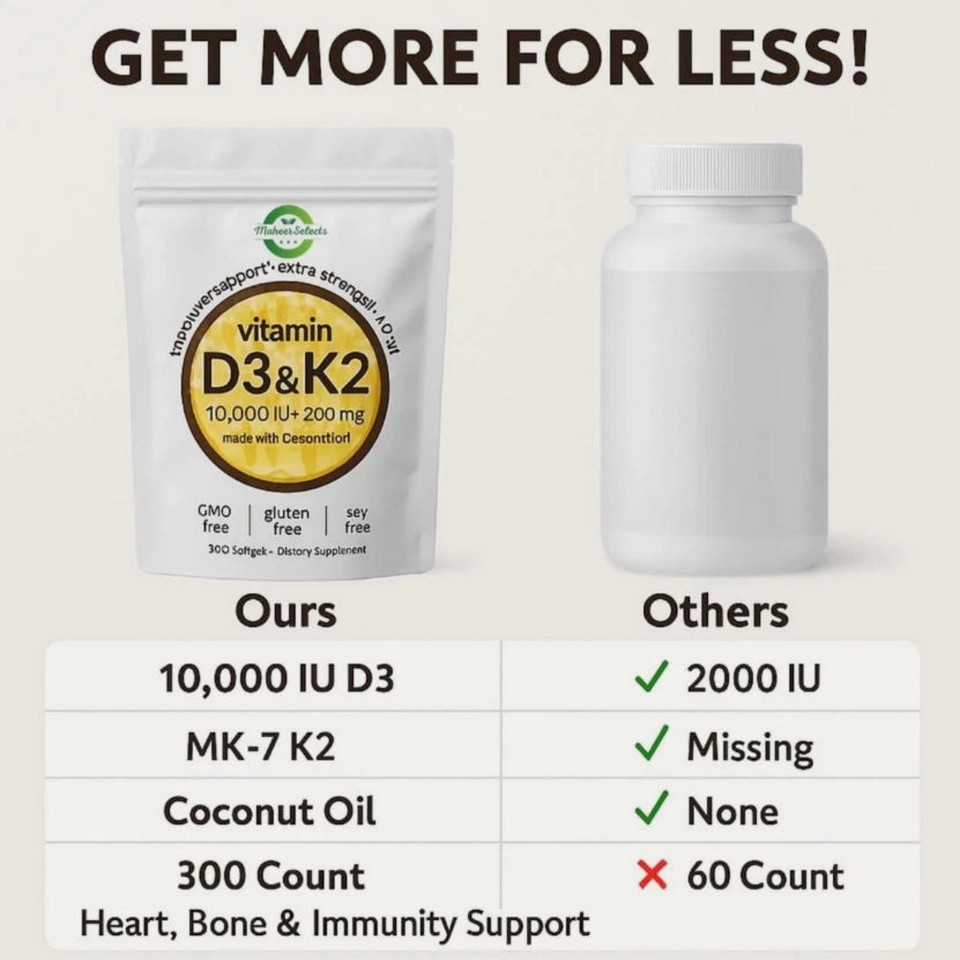 Micro Ingredients Vitamin D3 K2 With Coconut oil,300 Softgels Dietary ...