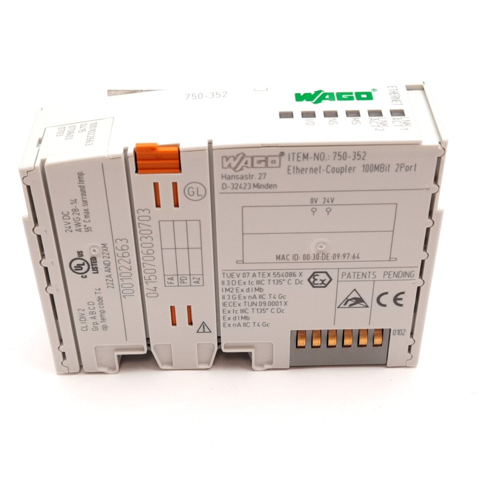 Wago 750-352 Ethernet Fieldbus Coupler 10/100Mbit/s 2-Port, 24VDC, 64 ...