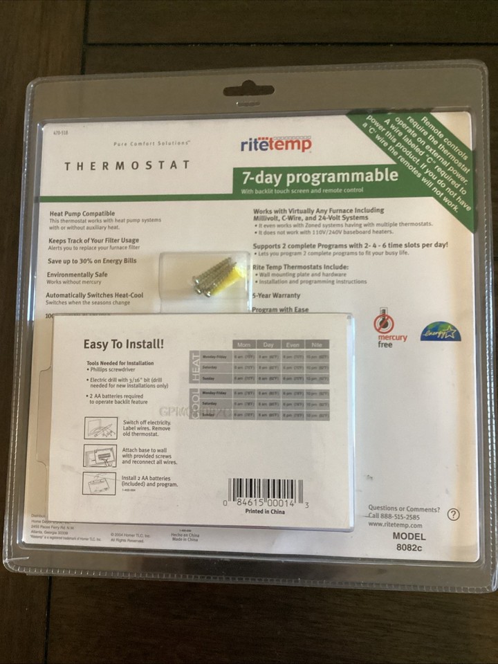 New RiteTemp 7-Day Programmable Thermostat with Remote Control MODEL ...