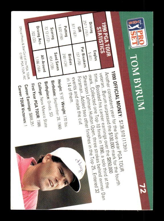 TOM BYRUM SIGNED 1991 PRO SET OFFICIAL PGA TOUR CARD #72 ON-CARD AUTO ...