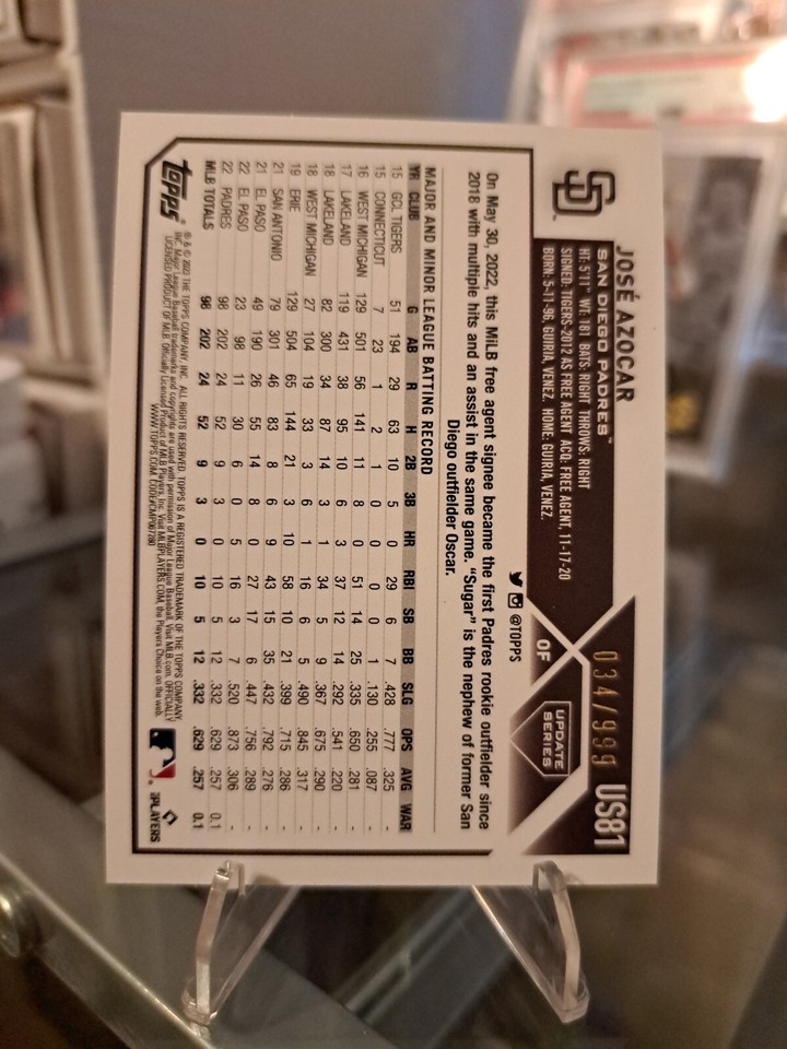 2023 Topps Update #US81 Jose Azocar Blue Foil Parallel San Diego Padres ...