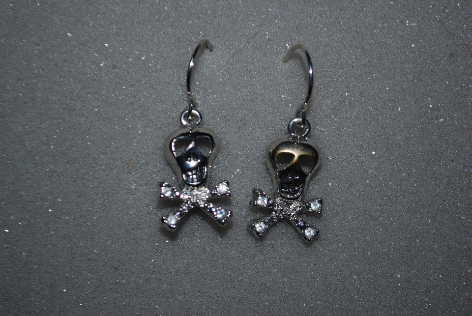 Pirate Earrings Skull Crossbones Silver Clear Crystals Buccaneer Ship ...