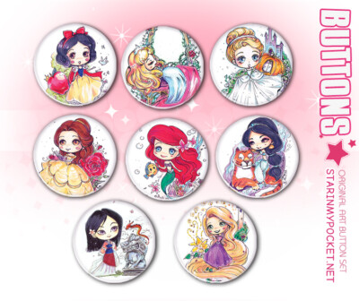 Disney Princesses Anime Buttons - Cinderella, Belle, Ariel, Rapunzel ...
