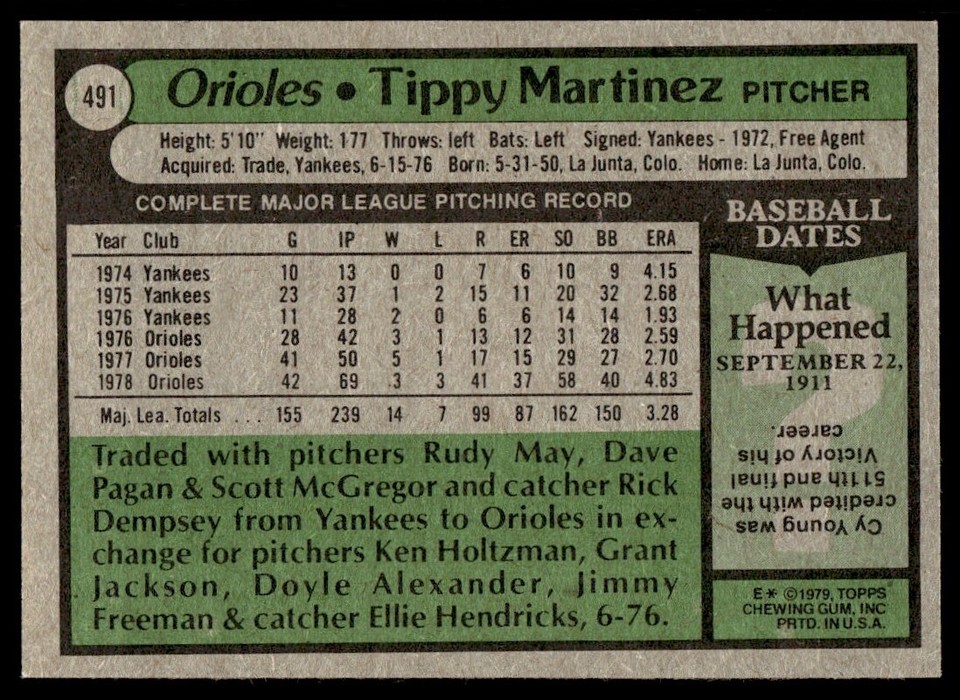 1979 Topps Baseball Card Tippy Martinez Baltimore Orioles #491 EX-MT+ ...