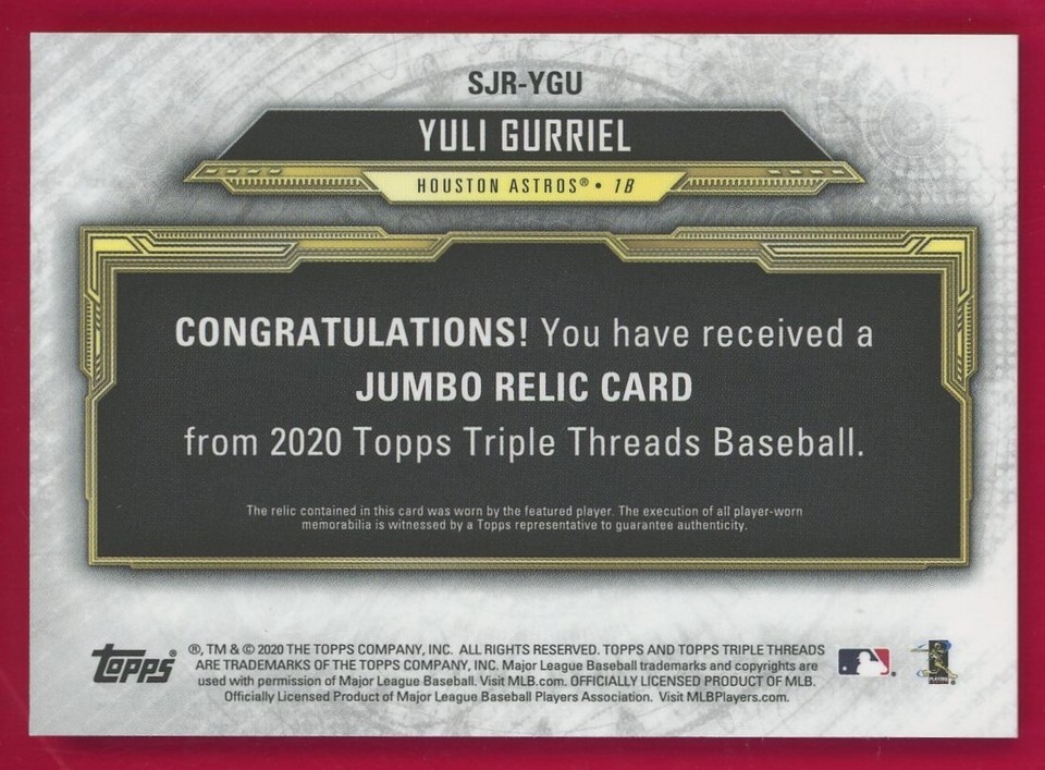 Yuli Gurriel 2020 Topps Triple Threads SAPPHIRE JUMBO RELIC card #'d 3/ ...