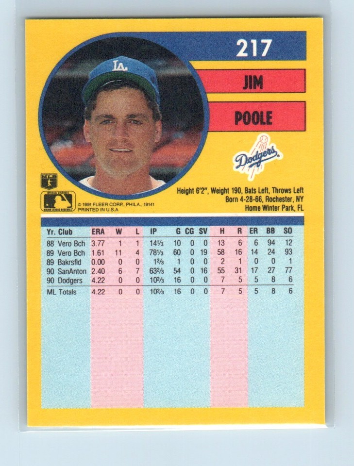 1991 Fleer Jim Poole Rookie Los Angeles Dodgers #217 | eBay
