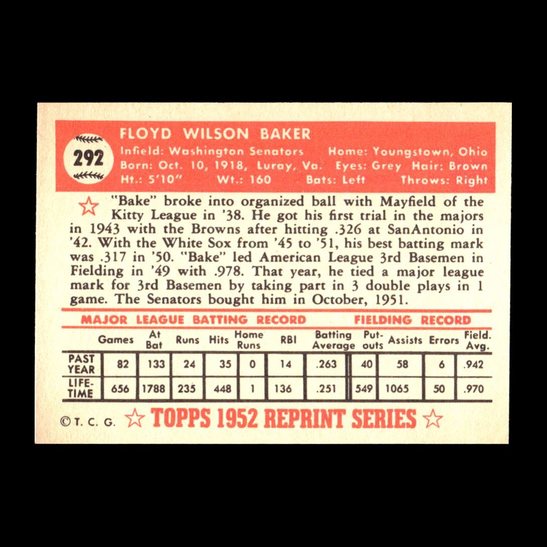 Floyd Baker 1983 Topps 1952 Reprint Series Washington Senators #292 NM ...