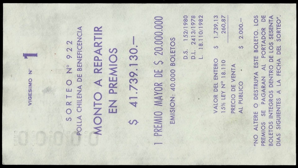 CHILE, LOTTERY TICKET, "POLLA CHILENA", GAME # 922, YEAR 1984, NUMBER ...