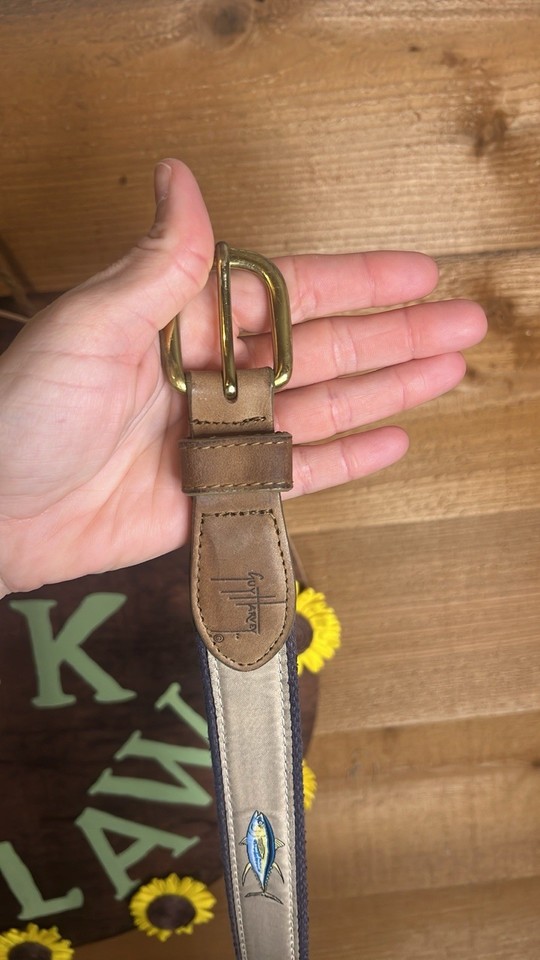 Guy Harvey Leather Brass Fish Belt Coastal Preppy Fishing Summer Ocean ...