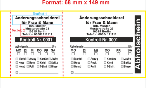 1000 Abholschein Änderungsschneiderei TEXT ÄNDERBAR Abholscheine | eBay