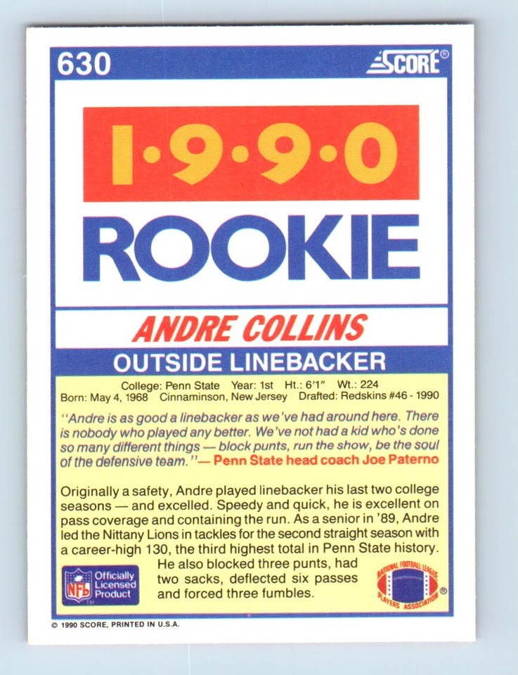 1990 Score Andre Collins Rookie Washington Redskins #630 | eBay