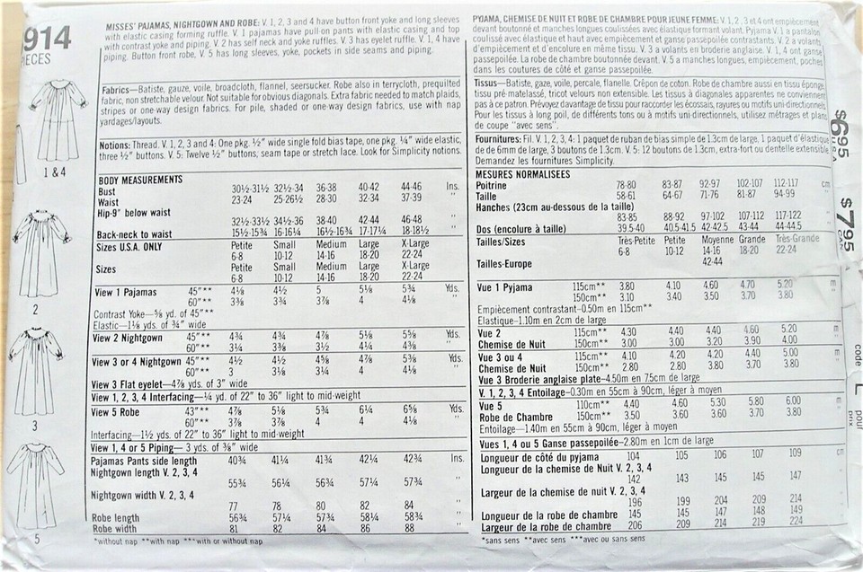 Simplicity Pattern 8914 Size PT Women's Pajamas Nigntgown & Robe UNCUT ...