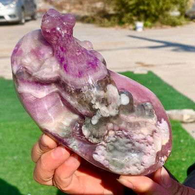 2.45LB Natural purple green fluorite cube hand carved frog crystal ...