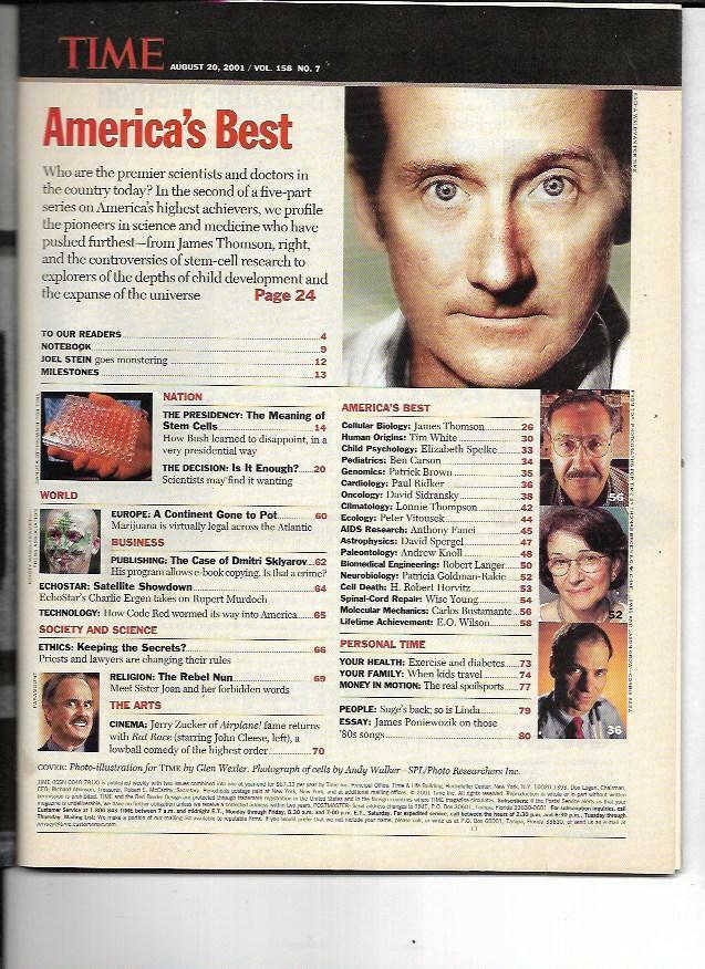 Time Magazine August 20, 2001- The Man Who Brought You Stem Cells James ...