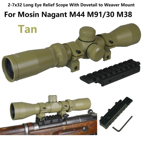 Tan Mosin Nagant 2-7x32 Long Eye Relief Scout Scope W Mount for M44 M91 ...