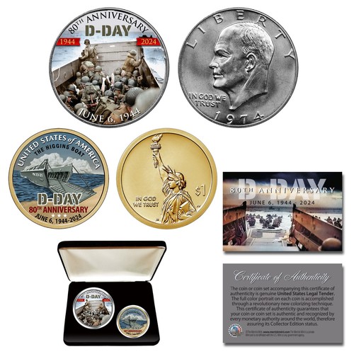 WWII D-DAY 80th Anniversary U.S. IKE Dollar & $1 Higgins Boat 2-Coin ...