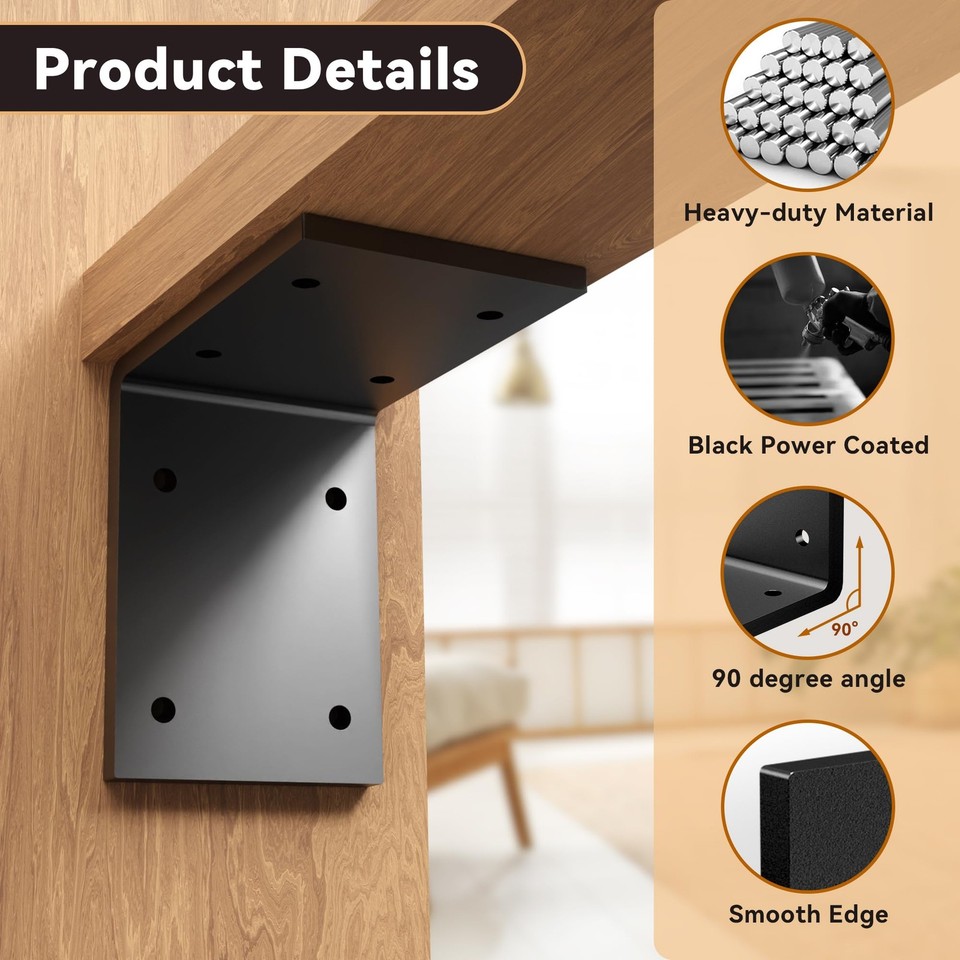 2 Pcs 6x6 Post to Beam Corner Brackets for Wood, Black Steel Heavy Duty ...