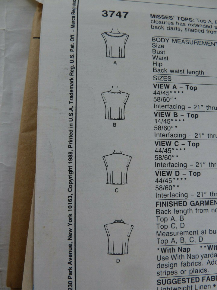 Vintage McCalls 3747 Misses Tops Pattern Size 8 Cap short sleeve 1988 ...