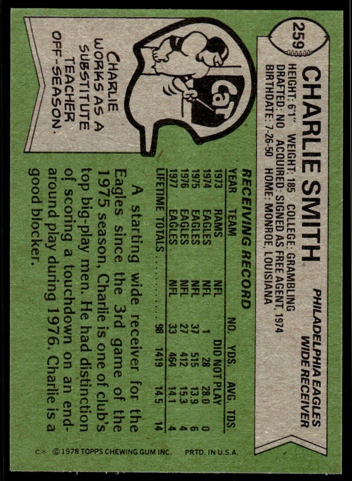 1978 TOPPS CHARLIE SMITH B PHILADELPHIA EAGLES #259 | eBay