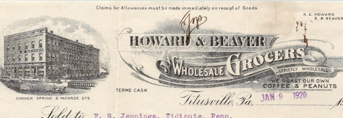 1920 Howard & Beaver Wholesale Grocers Coffee & Peanuts Billhead ...