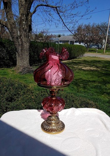 FENTON Cranberry Cabbage Rose Cranberry Glass GWTW Lamp Vintage Art ...