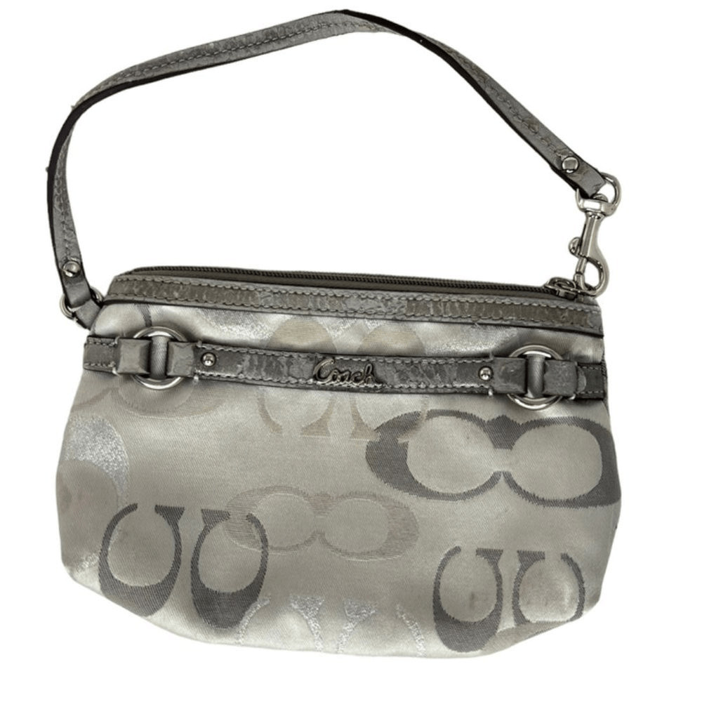 Coach Metallic Silver Monogram Logo Wristlet - Gem