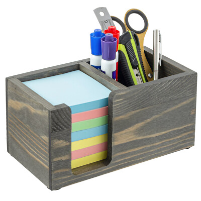 Gray Wood Office Desktop Storage Caddy, Sticky Note & Stationery Holder ...