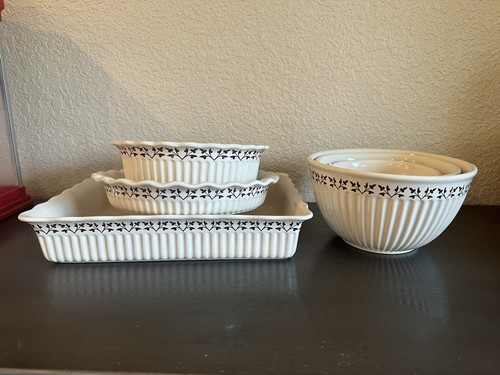Paula Deen Ceramic Dish Set Bakeware Bowls Pie Plate Ivory Brown Leaves ...