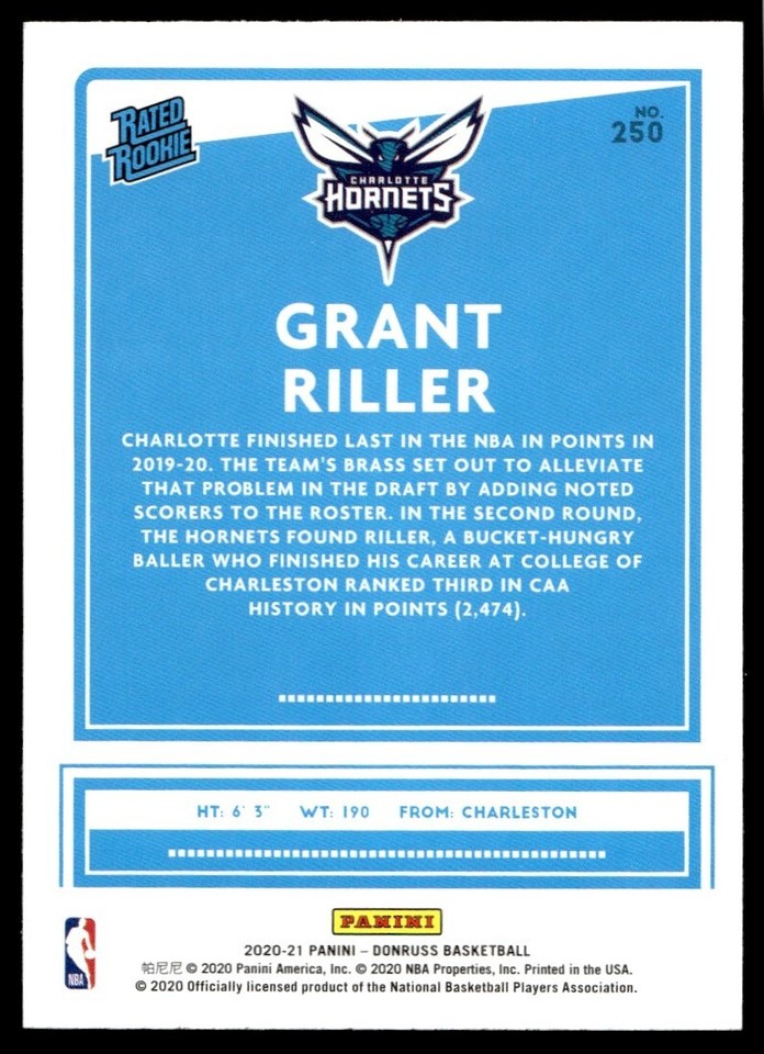 2020-21 Donruss Grant Riller Rookie Charlotte Hornets #250 | eBay