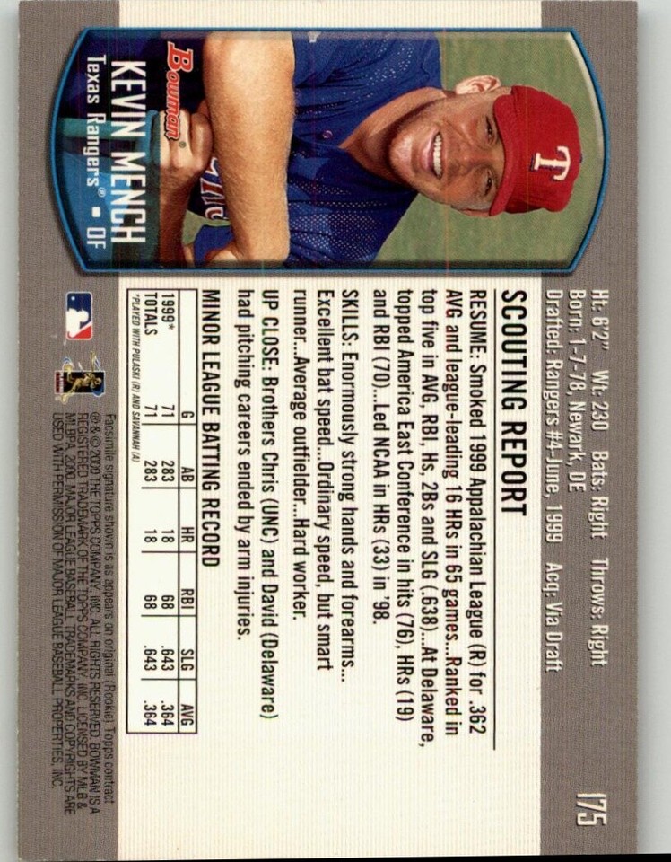 2000 Bowman Kevin Mench Rookie #175 RC Texas Rangers | eBay
