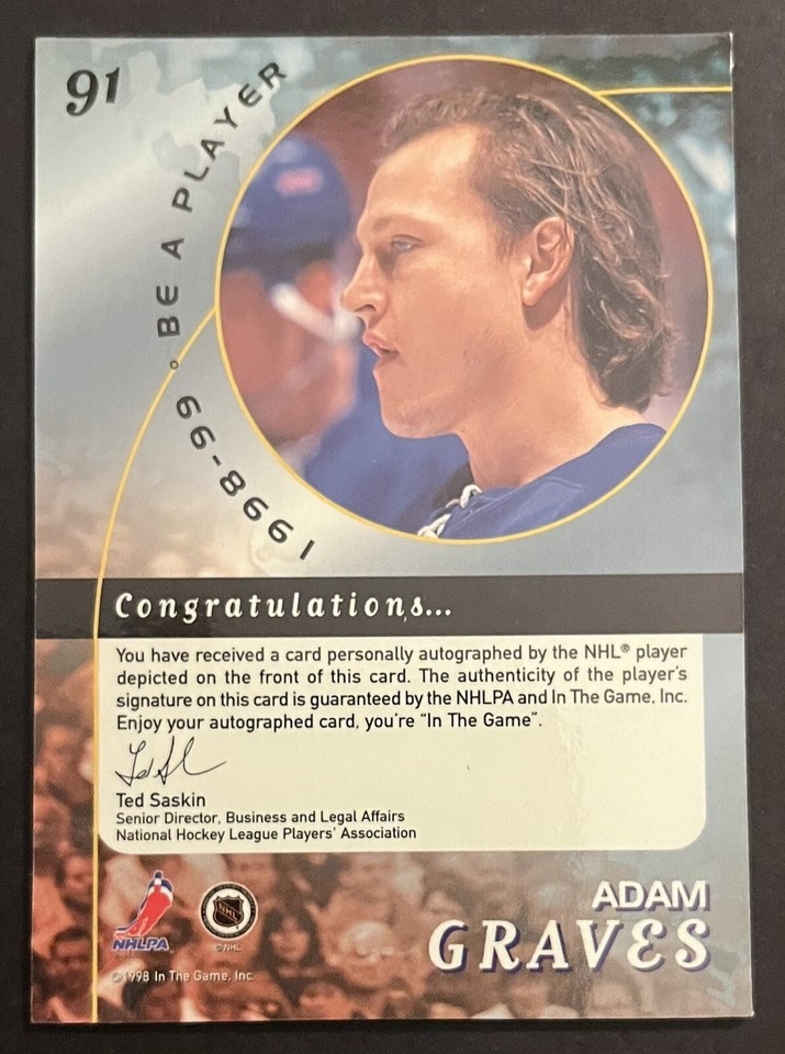 1998 BE A PLAYER ADAM GRAVES #91 BAP AUTOGRAPH AUTO NEW YORK RANGERS | eBay