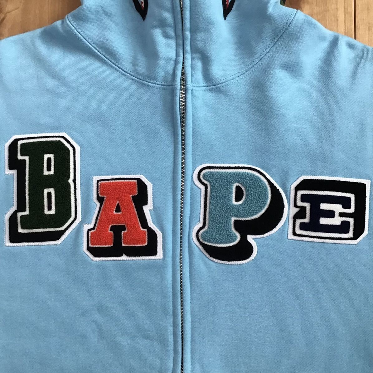 BAPE logo multi fonts shark full zip hoodie light blu… - Gem