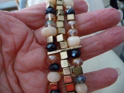 3 ROWS GOLD TONE BLACK OFF WHITE + BEADS 3/4" W STRETCH BRACELET #15 ...