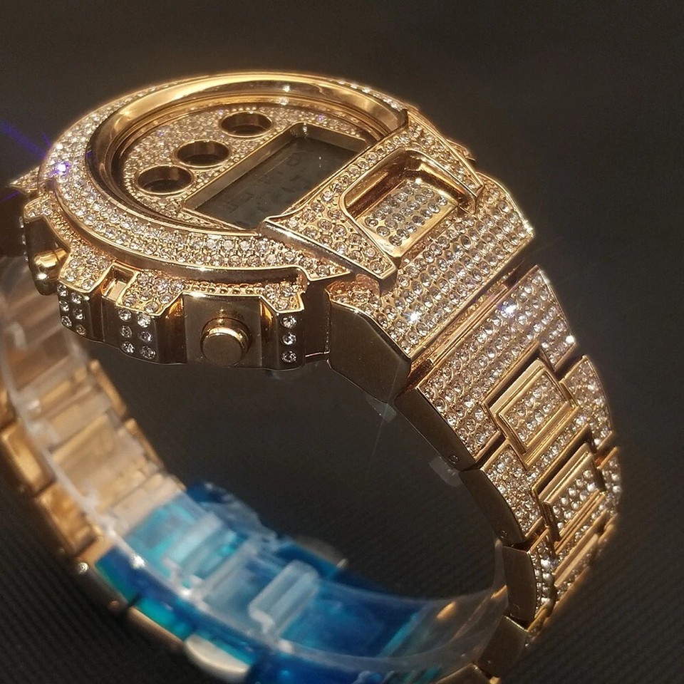 MISSFOX Men's Fully Ice Out Watch Digital Waterproof Rose Gold Diamond ...