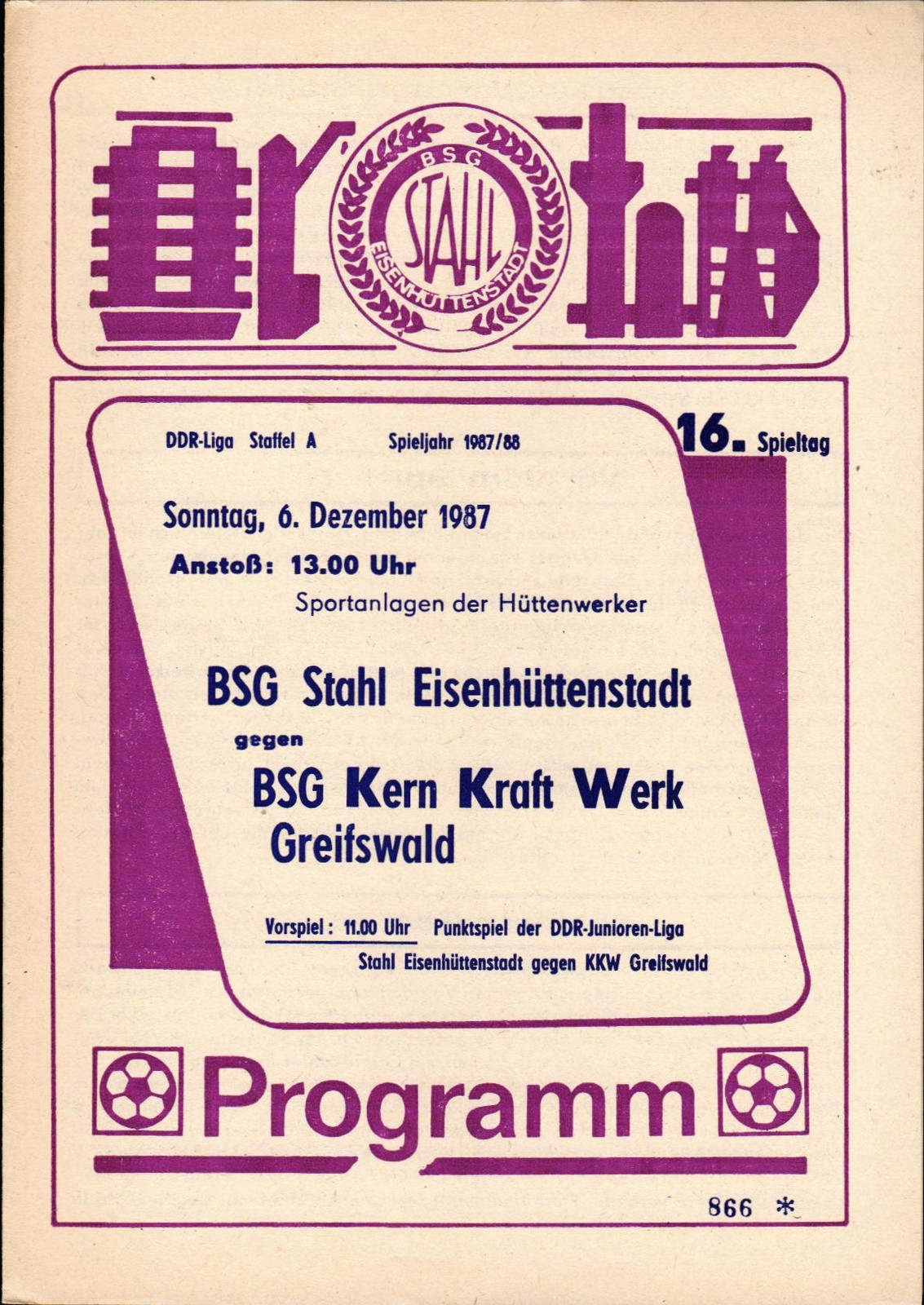DDR League 87/88 BSG Stahl Eisenhüttenstadt - KKW Greifswald, 06.12. ...