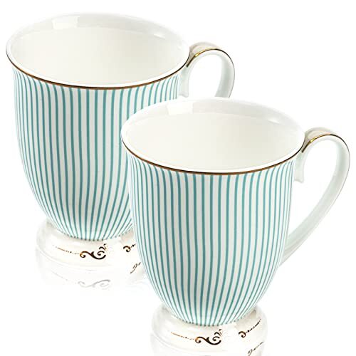 2 Pack Bone China Mugs, 11oz Fine China Coffee Tea Cups with Gold Trim ...