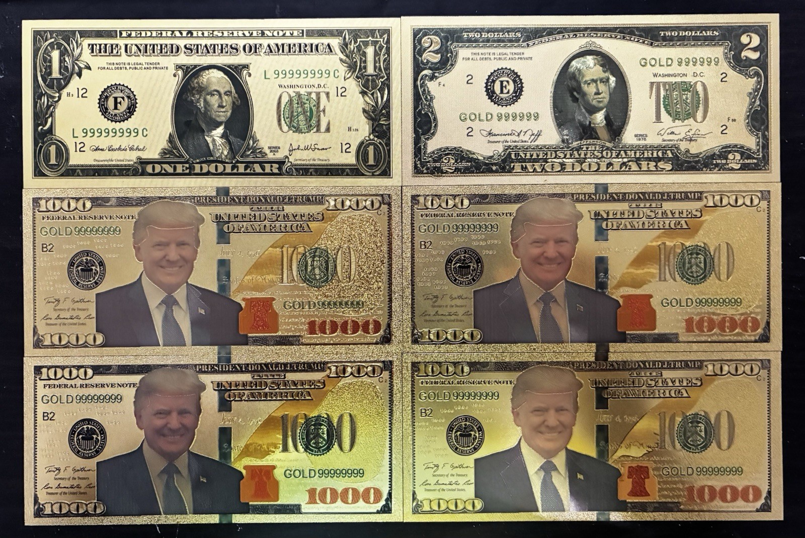 24k Gold Foil Collectable Notes- 1 & 2 Dollar Bill - FOUR TRUMP NOTES ...