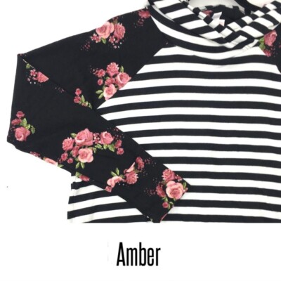 NWT LuLaRoe S AMBER HOODIE SHIRT SWEATER BLACK WHITE STRIPES PINK ROSES ...