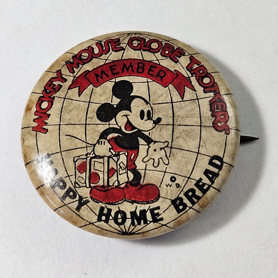 1930's Pinback Button 1 1/4" Mickey Mouse Globe Trotter Happy Home ...
