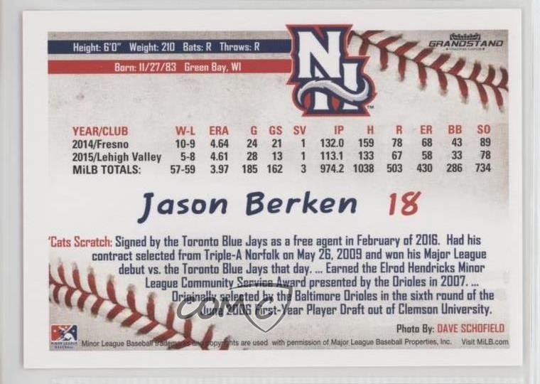 2016 Grandstand New Hampshire Fisher Cats Jason Berken | eBay
