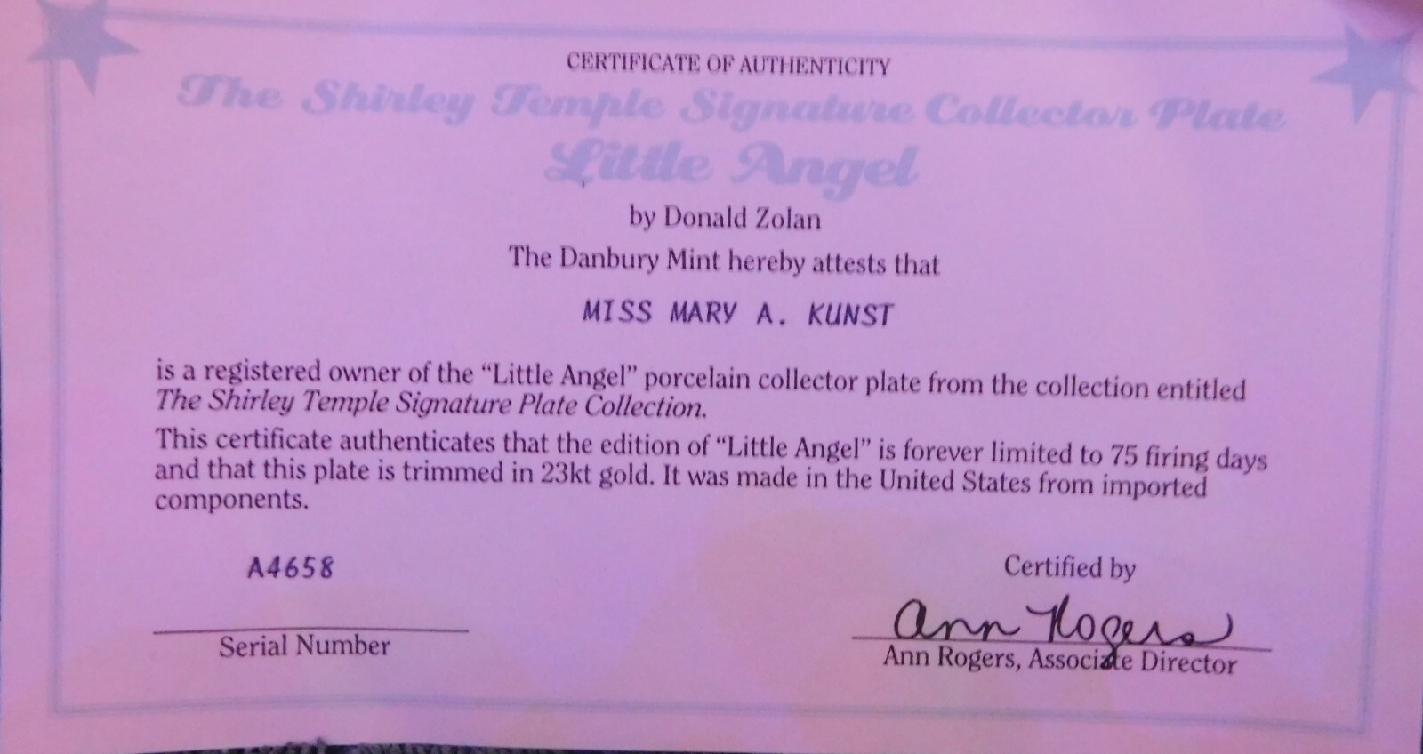 Shirley Temple Signature Plate Collection, COA's Danbury Mint: Pick N ...
