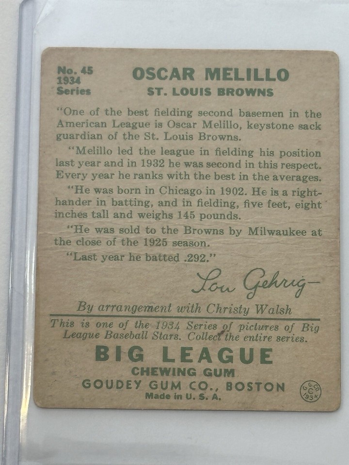 1934 Goudey #45 Oscar Melillo St. Louis Browns - Creased | eBay