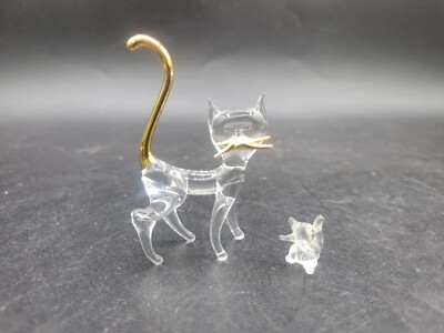 Glass Baron? Art Glass Cat And Mouse Miniature Figurine Clear With Gold ...