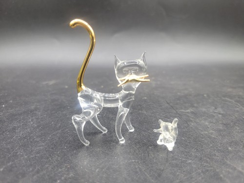 Glass Baron? Art Glass Cat And Mouse Miniature Figurine Clear With Gold ...