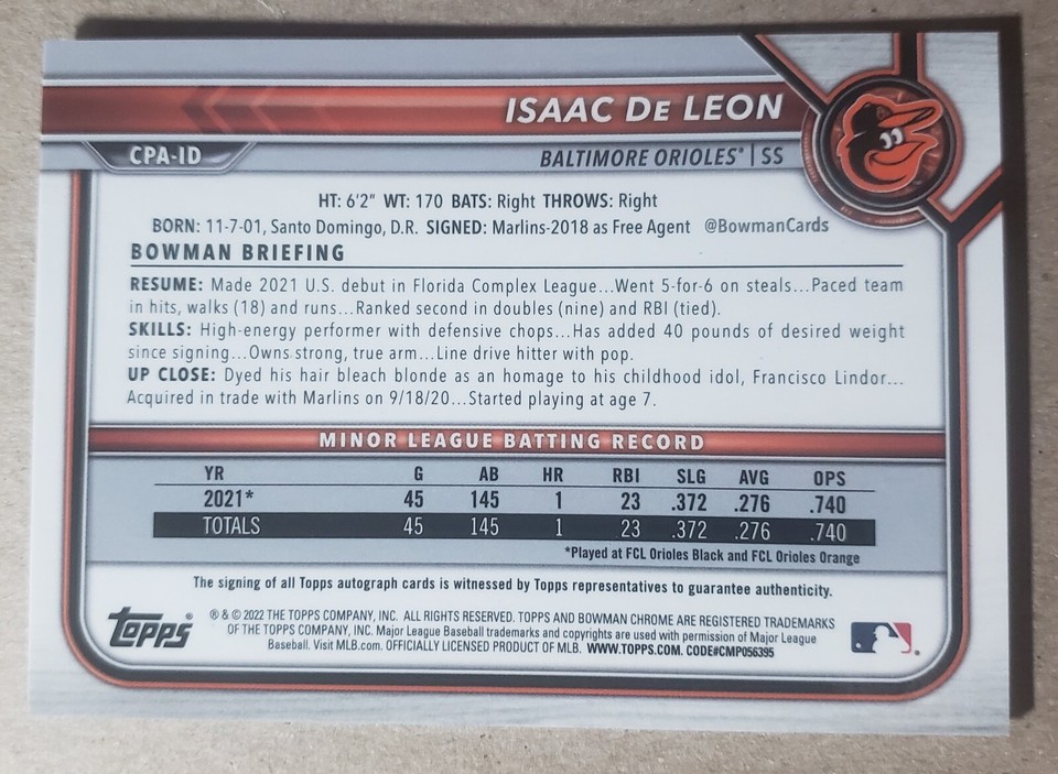 2022 Bowman Chrome Prospects Isaac De Leon Autograph Baltimore Orioles ...