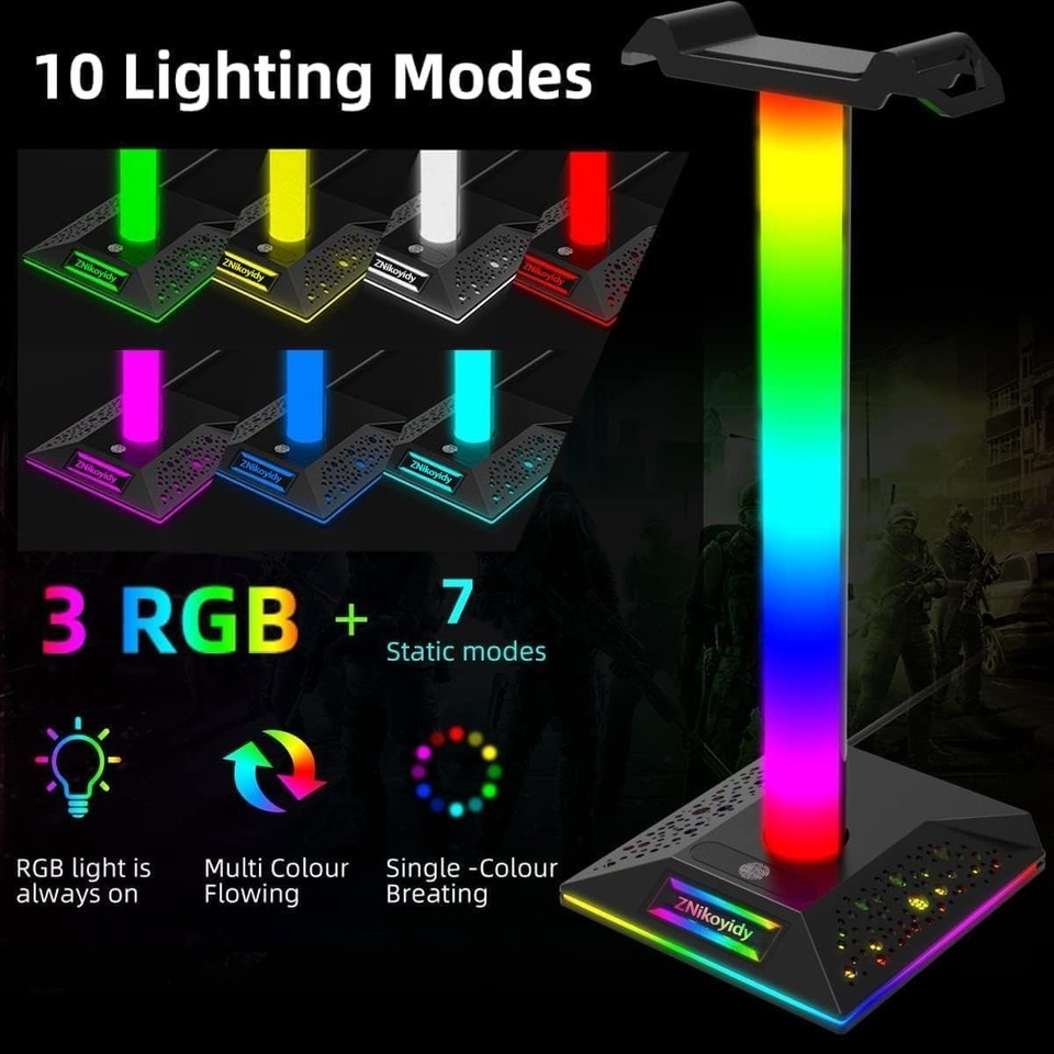 RGB Gaming Headset Stand 2 USB Ports 10 Color Modes LED Headphone Dock ...