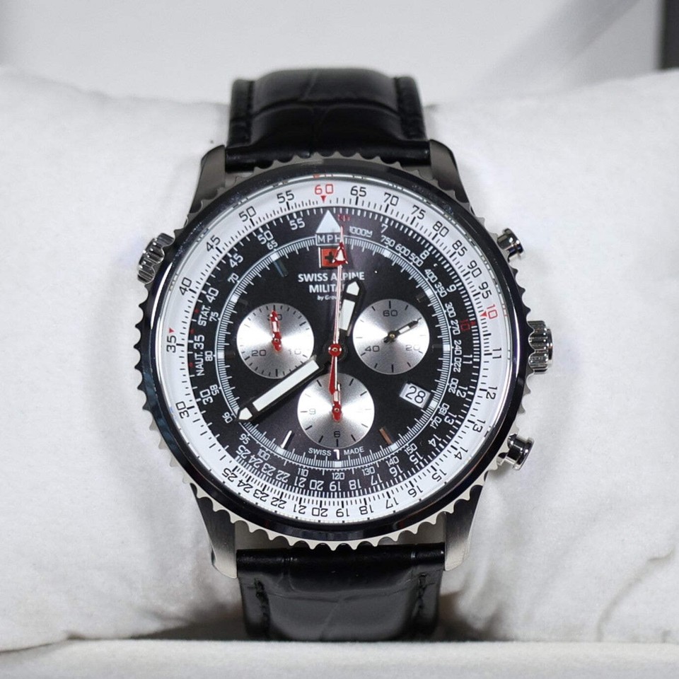 Swiss Alpine Military Black Dial Stainless Steel Chronograph Watch 7078 ...