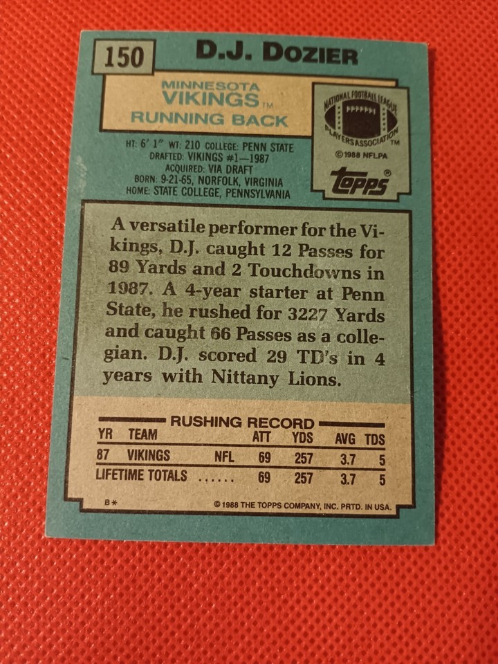 1988 DJ DOZIER TOPPS NFL ROOKIE CARD RC #150 MINNESOTA VIKINGS PENN ...
